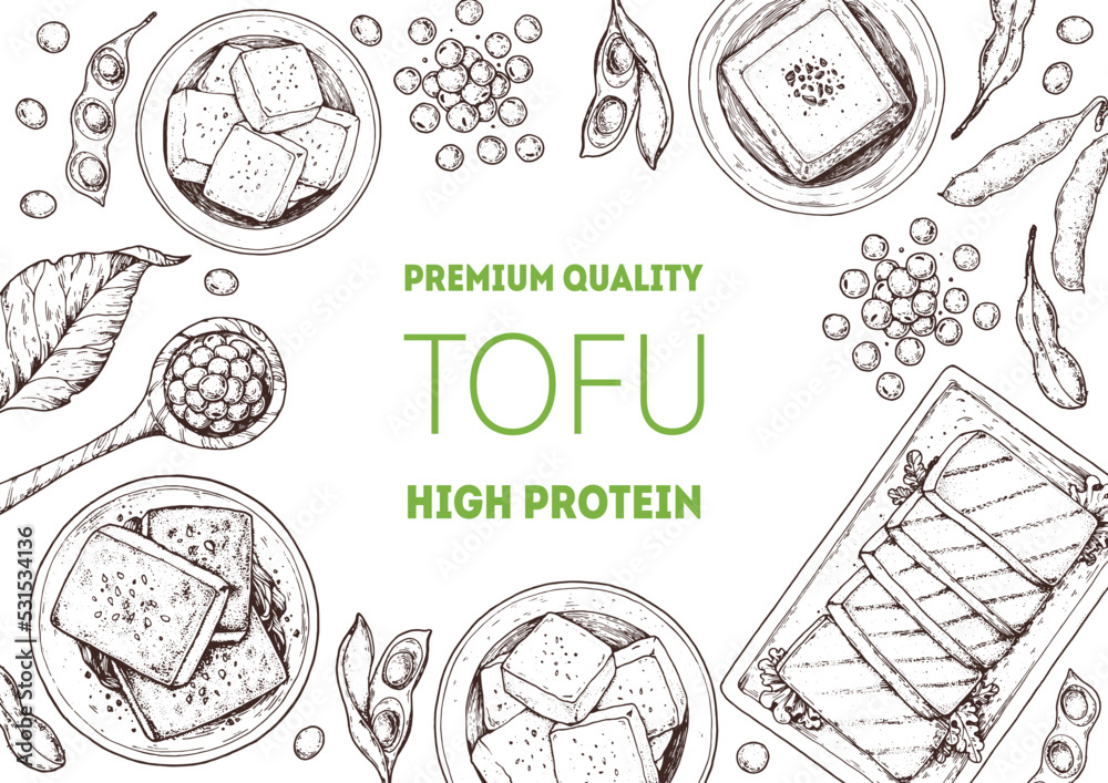 Tofu top view frame. Hand drawn vector illustration. Tofu sketch. Asian ...