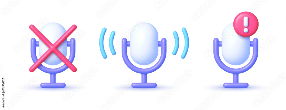 Set of 3d volume control icons. Volume, mute buttons and Alert message ...