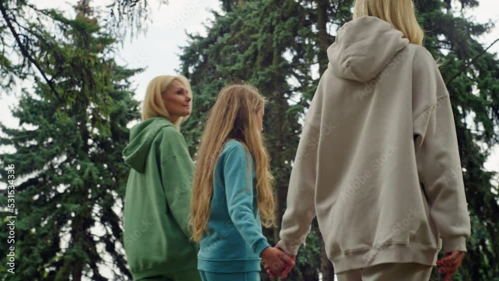 Three generations of women walk hand in hand. Family on a walk in the ...