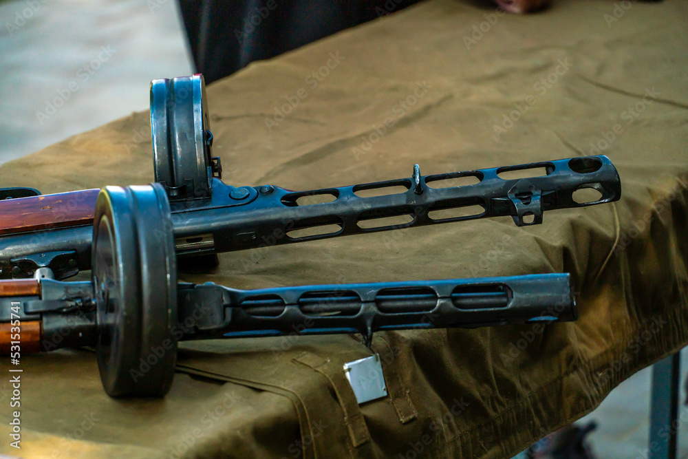 An old Soviet Shpagin submachine gun. Exhibition of weapons from the ...