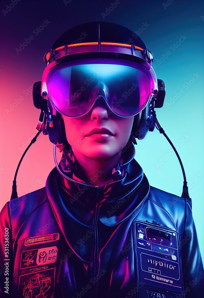 Portrait of a fictional futuristic female pilot in an aviation helmet ...