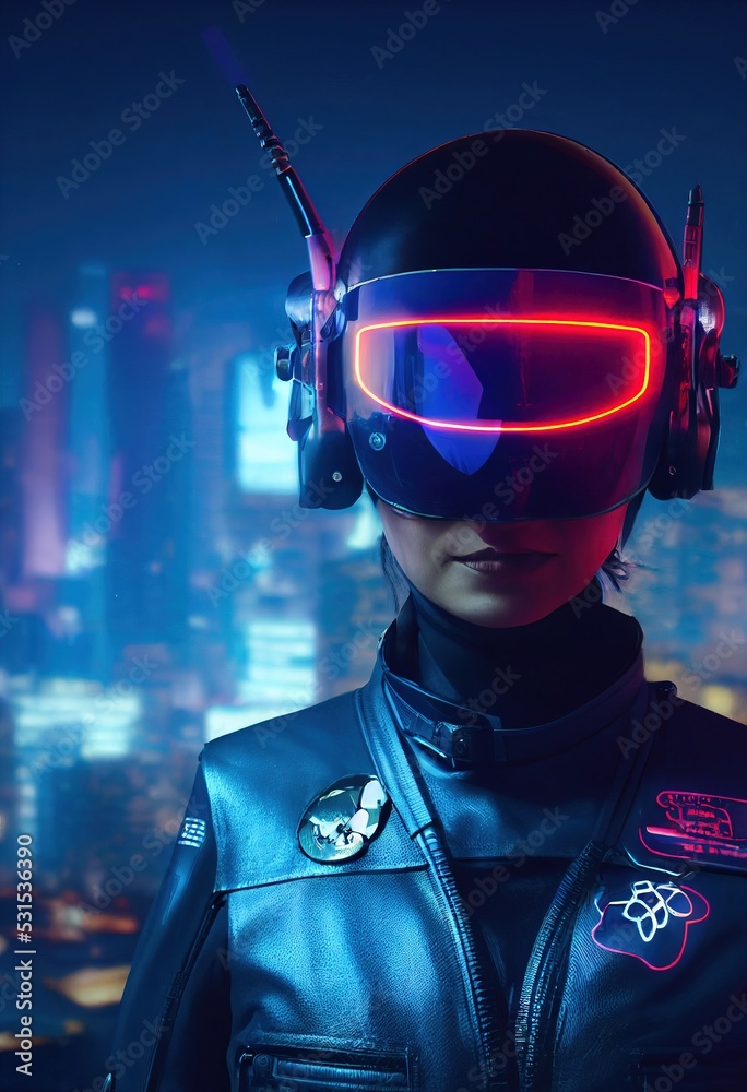 Portrait of a fictional futuristic female pilot in an aviation helmet ...