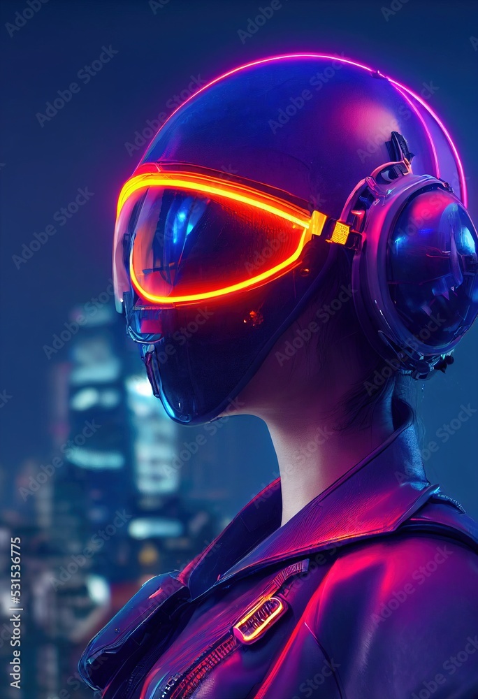 Portrait of a fictional futuristic female pilot in an aviation helmet ...