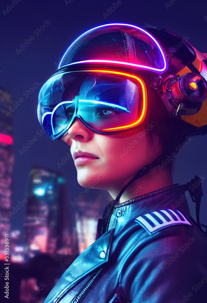 Portrait of a fictional futuristic female pilot in an aviation helmet ...