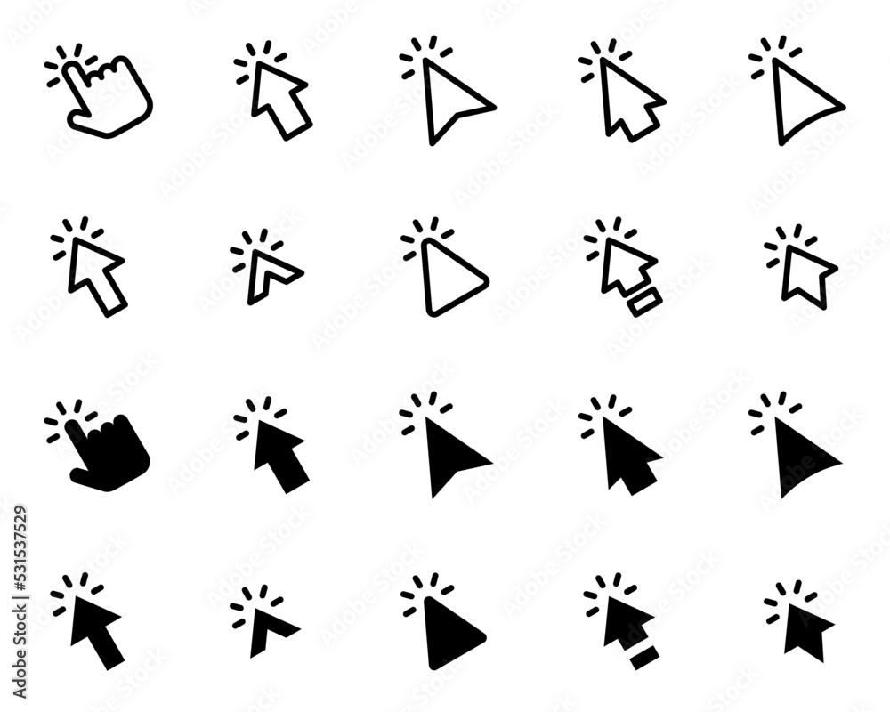 Conjunto de iconos de clic del cursor de computadora, dispositivo electrónico. Haga clic en el ...