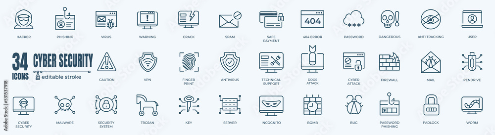 Cyber security editable stroke pictogram and minimal thin line web icon ...