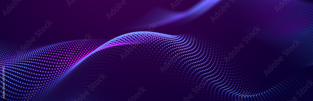 Particle stream. Purple background with many glowing particles ...