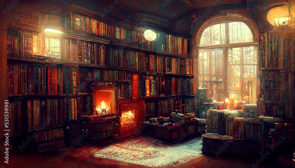 Fantasy library with hundreds of books with cozy fireplace Stock ...