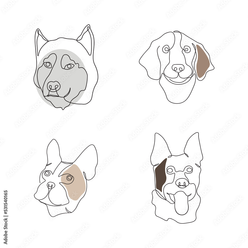 Continuous one line art of dog characters portraits Stock Vector ...