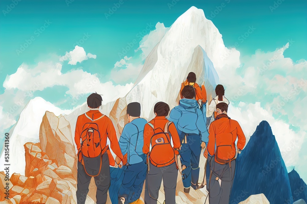 Group of team people helping work on peak mountain climbing teamwork ...