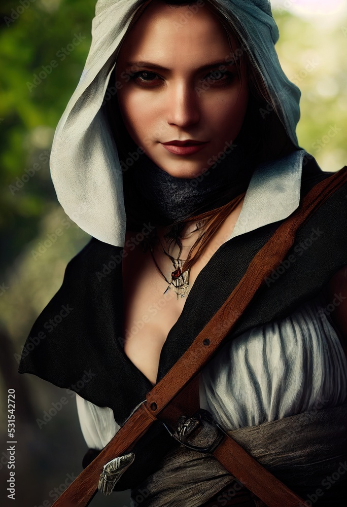 Fantasy Portrait Of A Militant Female Assassin With Red Hair And In An Ancient Assassin Costume