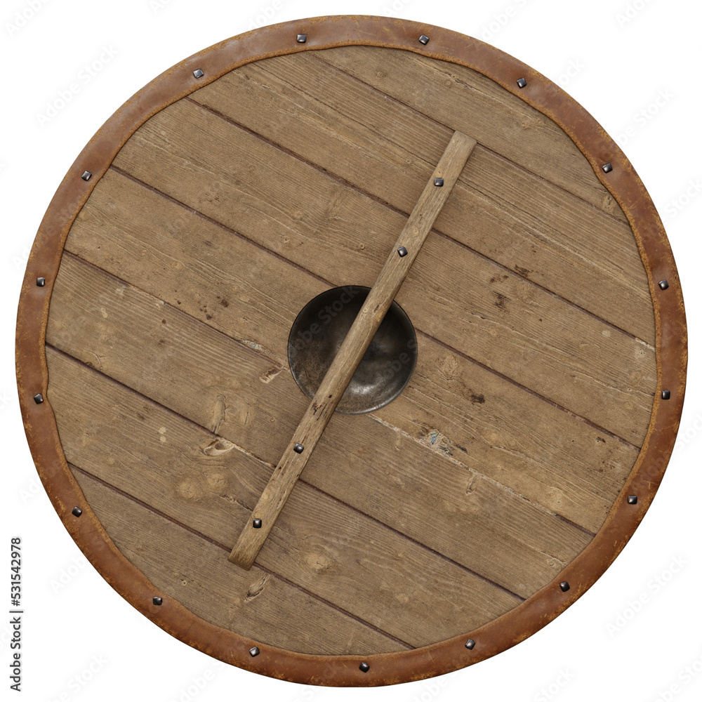 Wooden round medieval viking shield. Render 3d. Isolated on transparent ...