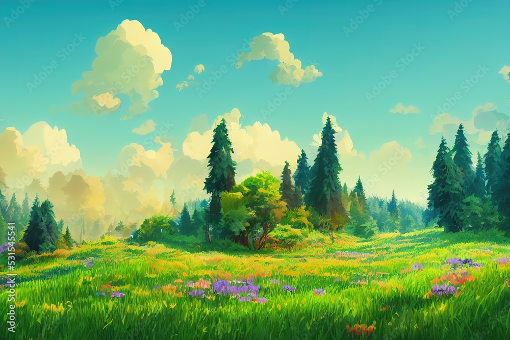 Meadow and forest, nature landscape, background, anime style, style ...