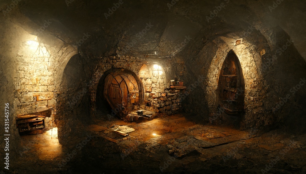 dwarf medieval fantasy dungeon with torches and barrels inside a ...