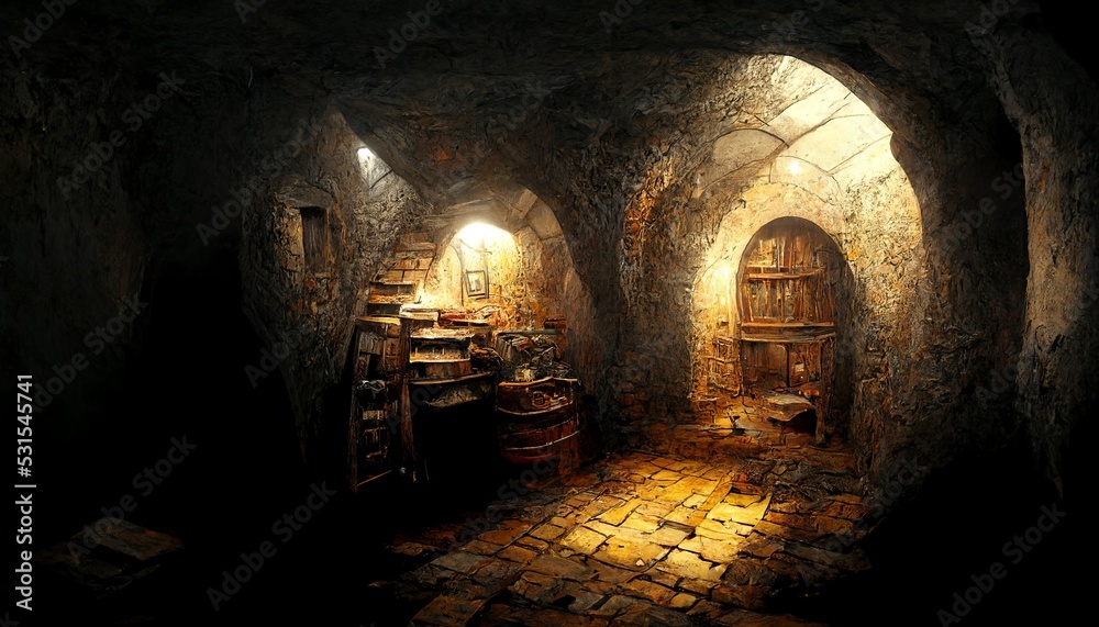 Old castle Medieval dungeon with torches and barrels Stock Illustration ...