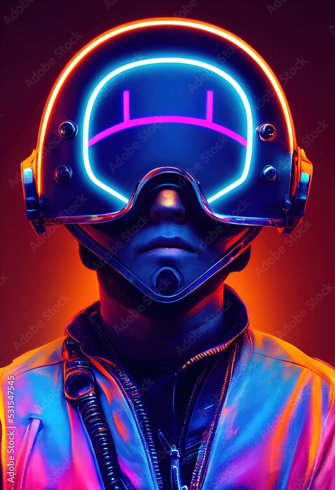 Portrait of a fictional futuristic pilot in an aviation helmet and ...
