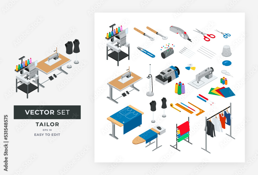 Isometric tailor kit vector collection. sewing kit illustration. This ...