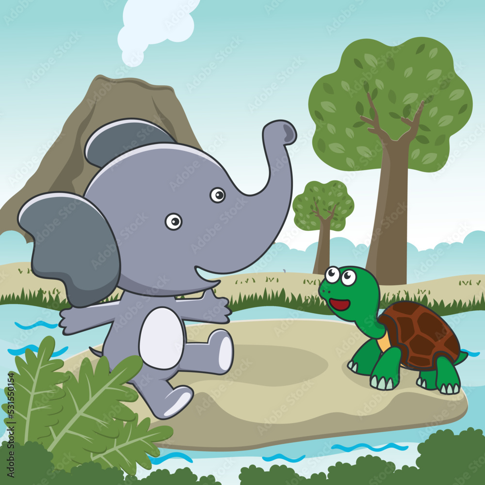 Vector cartoon illustration of cute little elephant and turtle play in ...