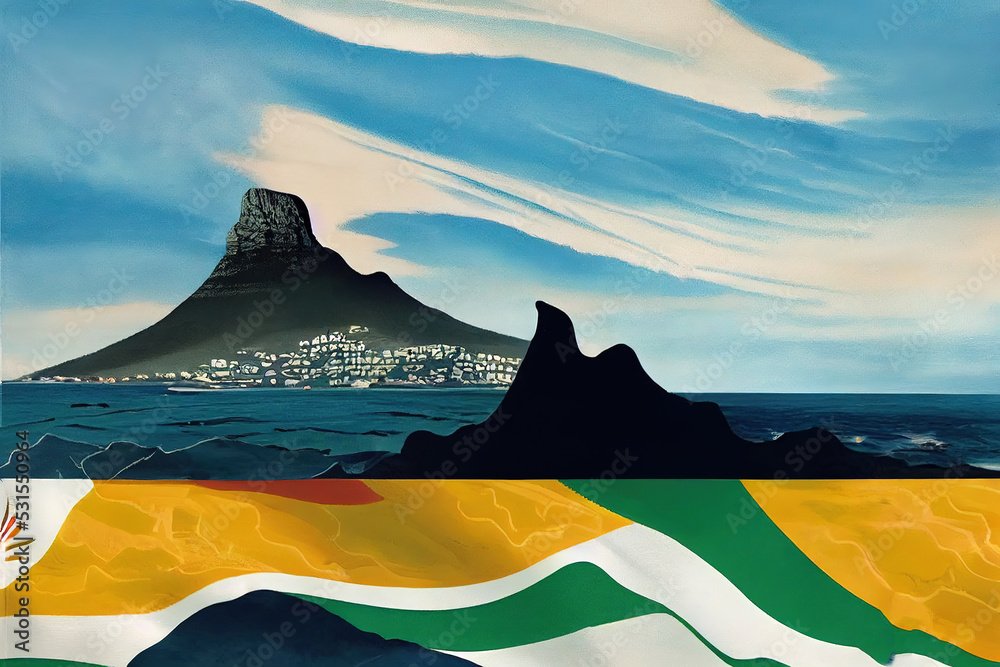 Cape Towns Table Mountain stylised design with the South African flag ...