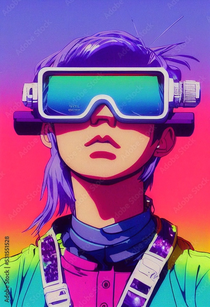 Anime girl wearing suspenders and a vaporwave goggles made from a ...