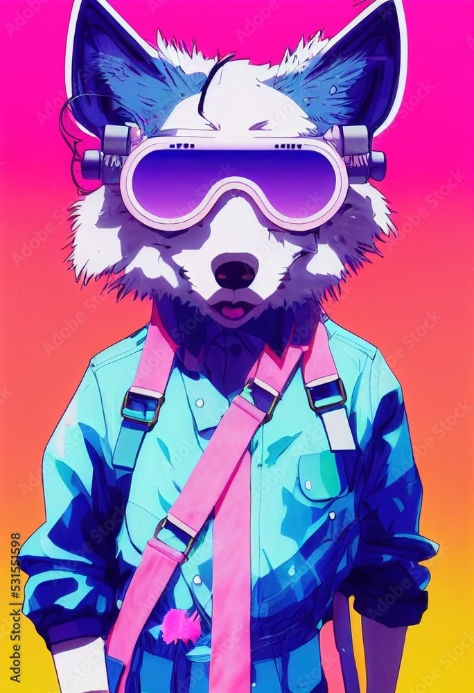 Cyberpunk Dog, Husky . Anime Animal wearing suspenders and a vaporwave ...