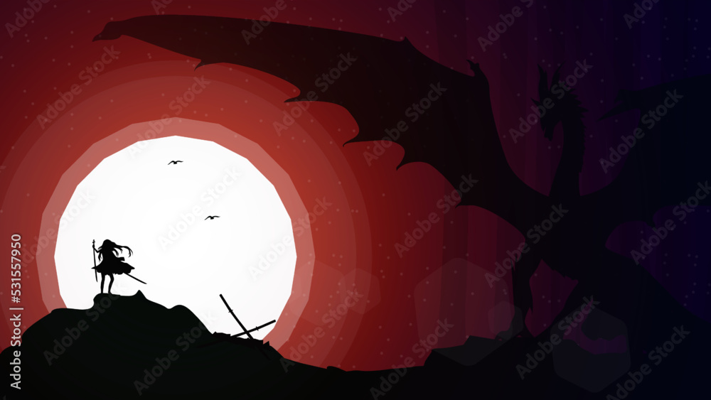 Vetor do Stock: samurai girl versus dragon illustration. female samurai ...