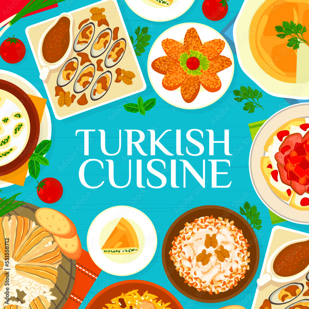 Turkish cuisine menu cover, Turkey food meals and dishes, vector lunch ...