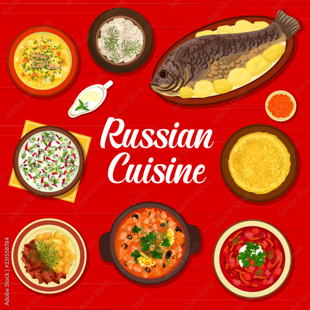 Vetor de Russian cuisine menu cover, Russia dishes and food meals ...