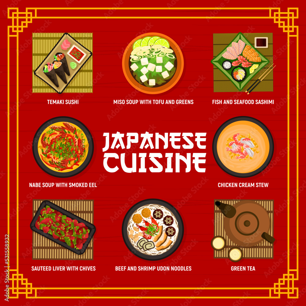 Japanese cuisine menu, vector temaki sushi, miso soup with tofu and ...