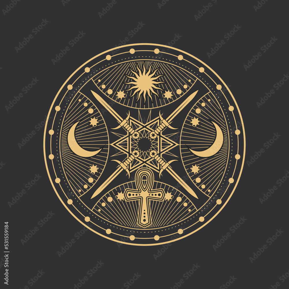 Vetor de Occult esoteric pentagram, magic tarot ankh symbol with swords ...