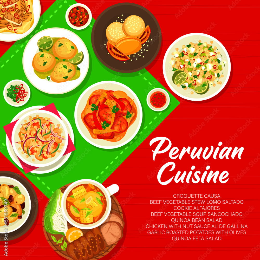 Peruvian cuisine menu cover page. Cookie Alfajores, quinoa feta salad ...