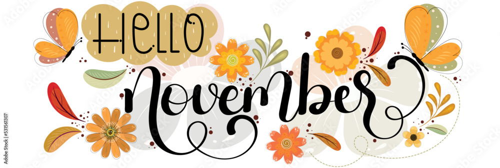 Vetor de Hello November. NOVEMBER month vector with flowers, butterfly ...