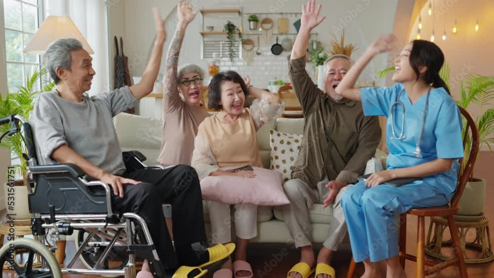 portrait of asian senior male female friend group sit of sofa smiling ...