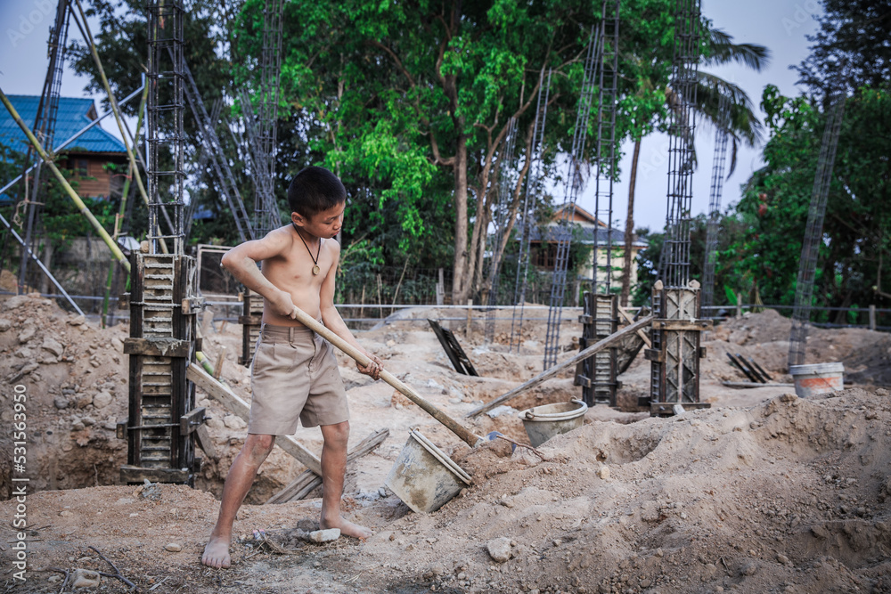 Poor children working at construction site against children labour ...