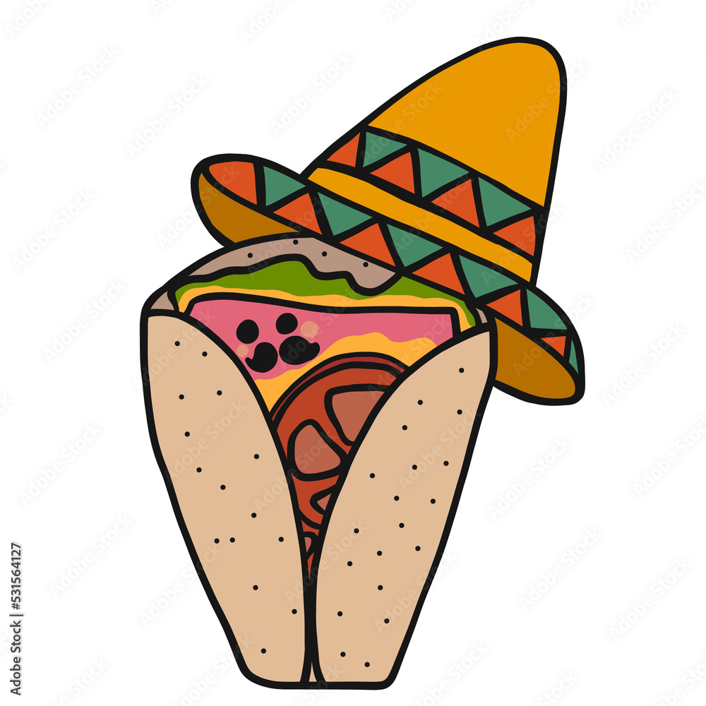 Burrito ham cheese wear Mexican hat cartoon Stock Illustration | Adobe ...