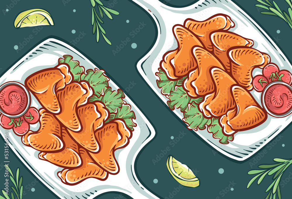 Chicken wing dish illustration top view. Chicken Hand-drawn food with ...