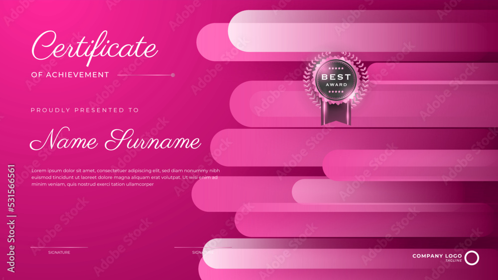 Pink Certificate of achievement template set Background with gold badge ...