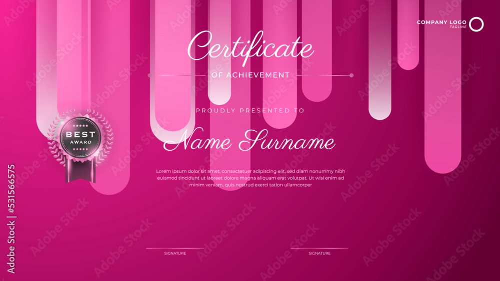 Pink Certificate of achievement template set Background with gold badge ...