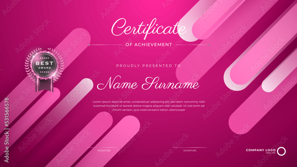 Pink Certificate of achievement template set Background with gold badge ...