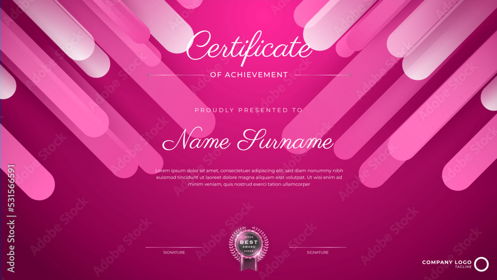 Pink Certificate of achievement template set Background with gold badge ...