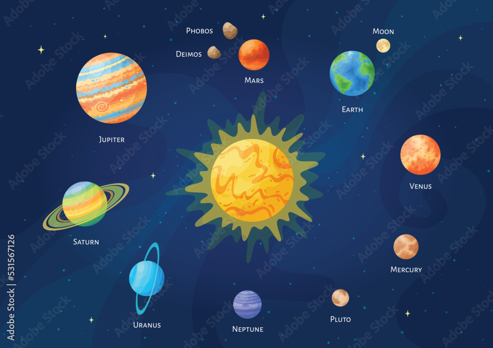 Celestial Objects Solar System Set Vector Illustration Galaxy Space Art On Starry Dark Blue
