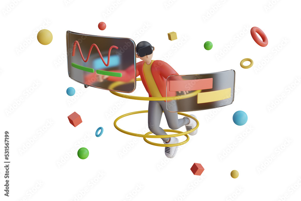 3D man exploring virtual reality with vr goggles and controller. Future ...