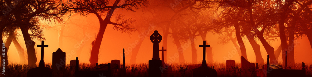 Eerie Graveyard at Night. Orange Halloween Background with Gravestones ...