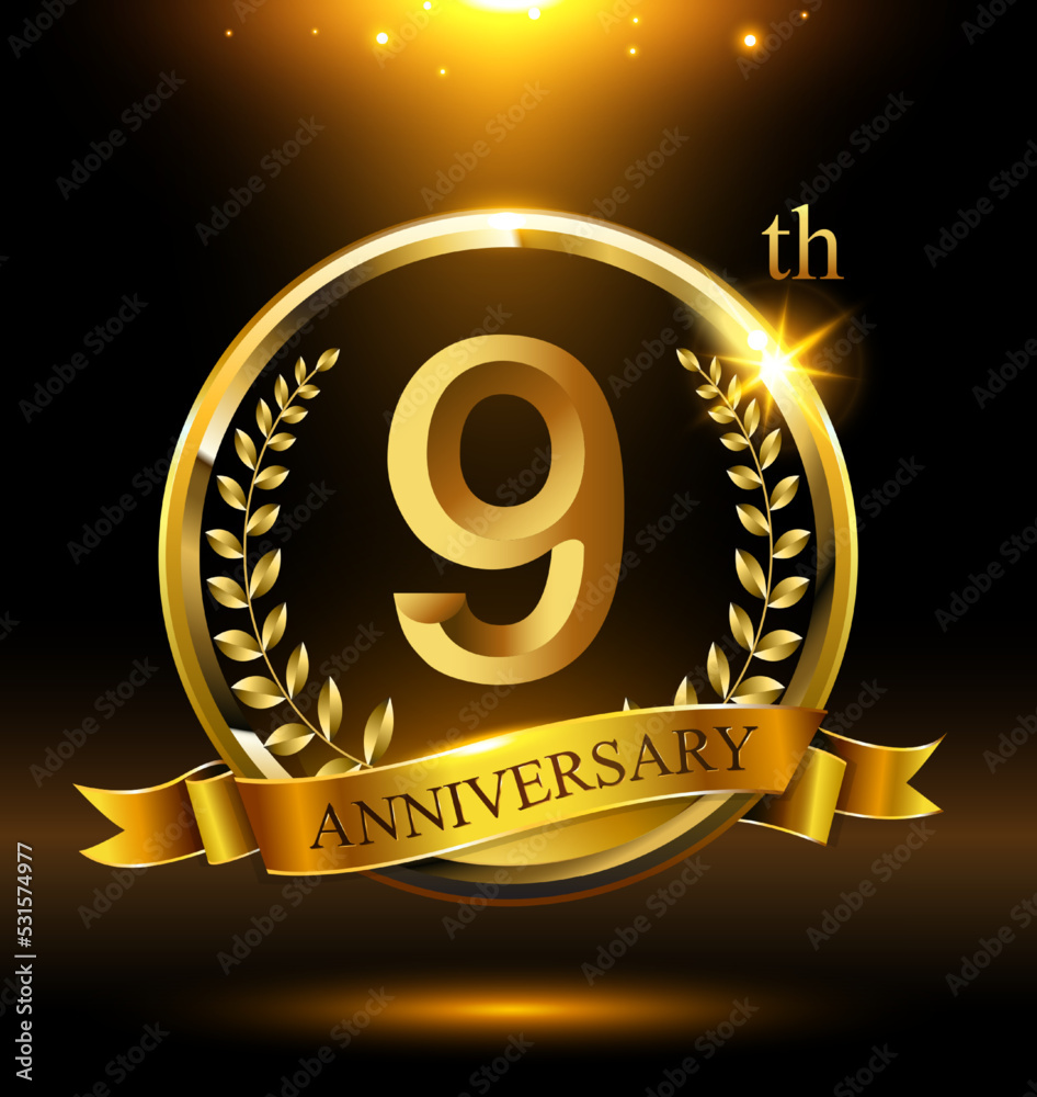 9th golden anniversary logo with ring and ribbon, laurel wreath Stock ...