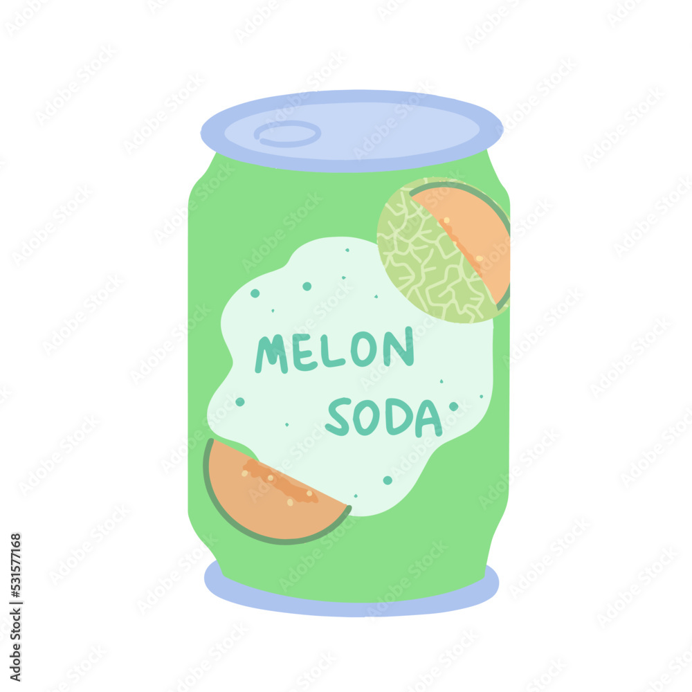Hand-drawn cute isolated clipart illustration of melon soda can ...