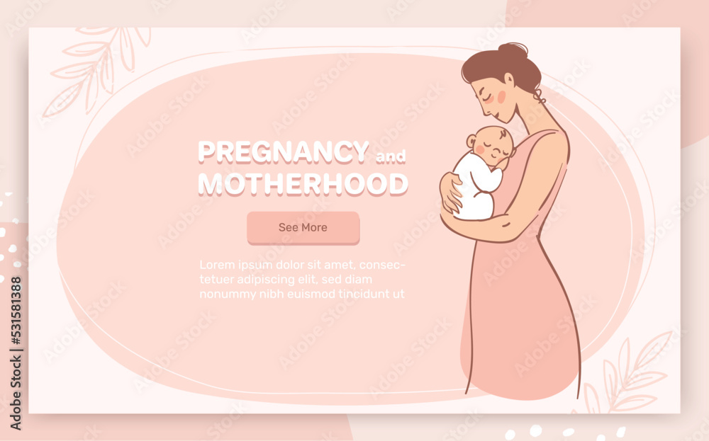 Banner of pregnancy and motherhood with place for text. Happy woman ...