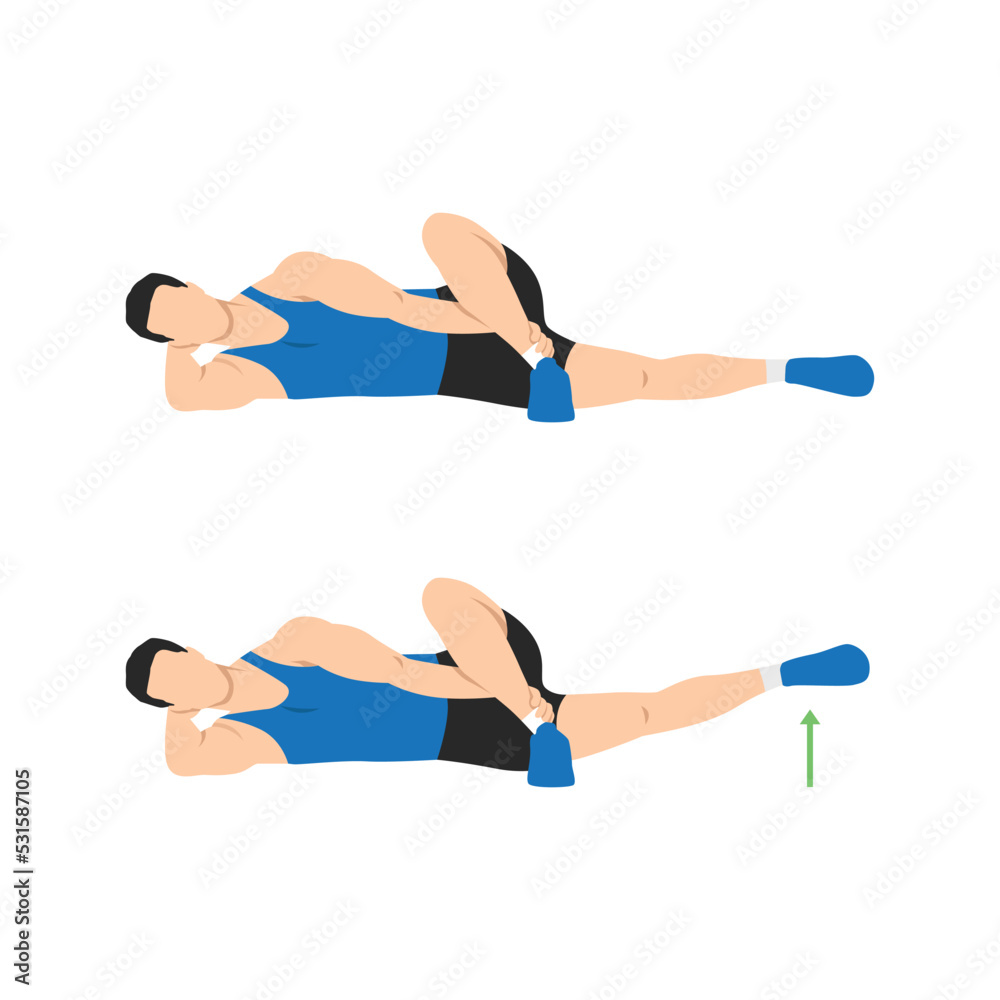 Man doing Lying Crossover Leg Lift Exercise in 2 steps. Illustration ...