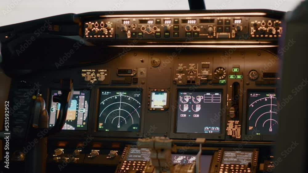 No people in plane cockpit to fly airplane with navigation, using ...