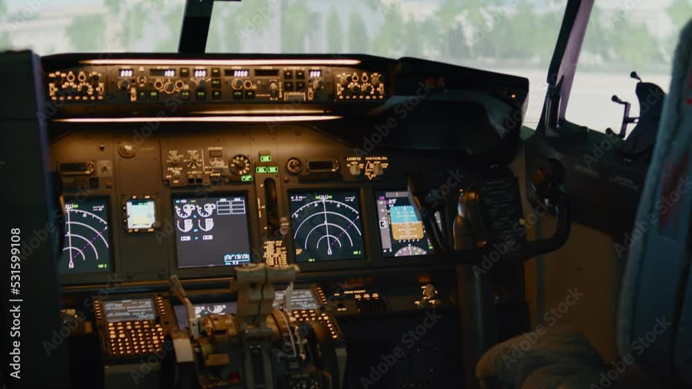 Empty airplane cockpit with dashboard and control panel command ...
