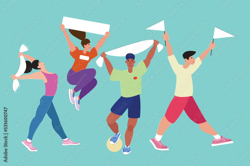 Bright illustration of four fans walking with flags and fan ...